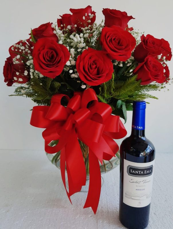 Copa 20 Rosas y Vino 750 ml – Florería a Domicilio